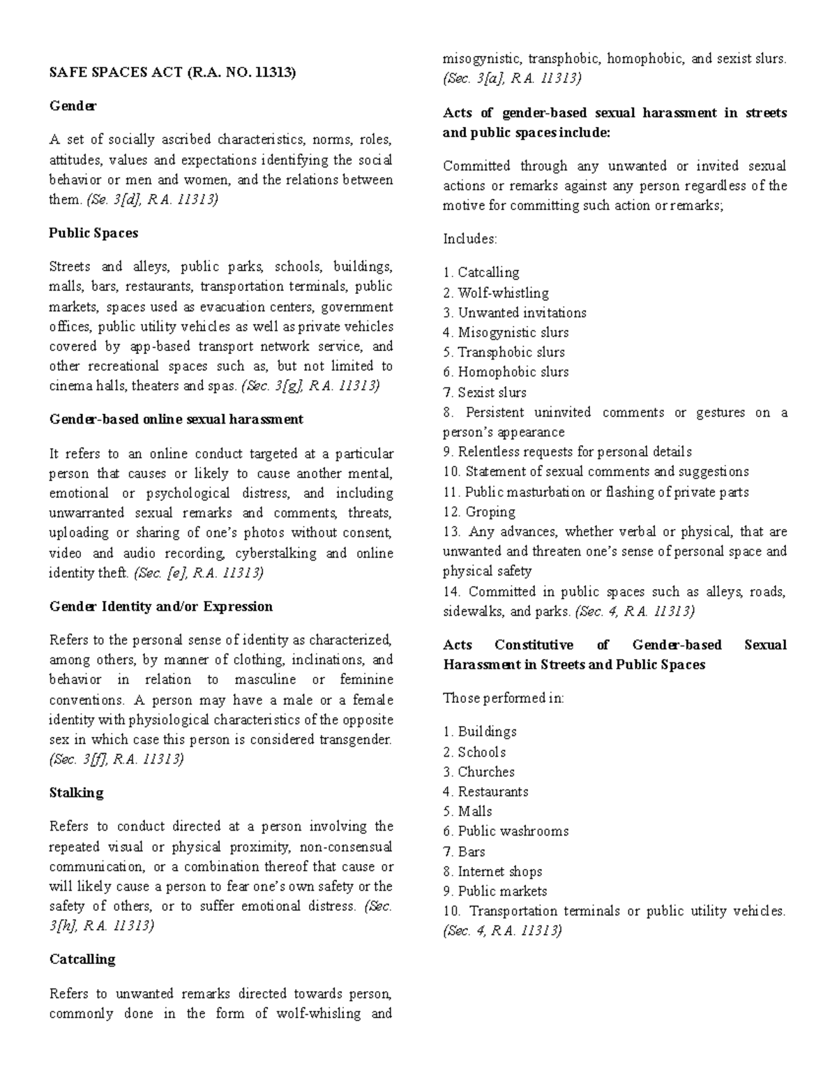 SAFE SPACES ACT (R.A. NO. 11313) Overview and Key Provisions - Studocu