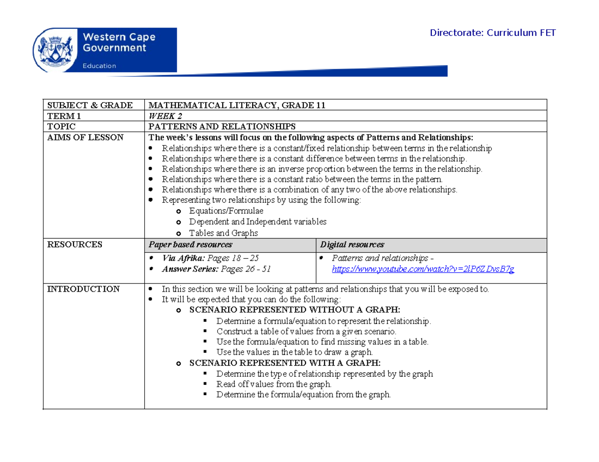 Grade 11 Mathematical Literacy Term 1: Week 2 Patterns & Relationships ...