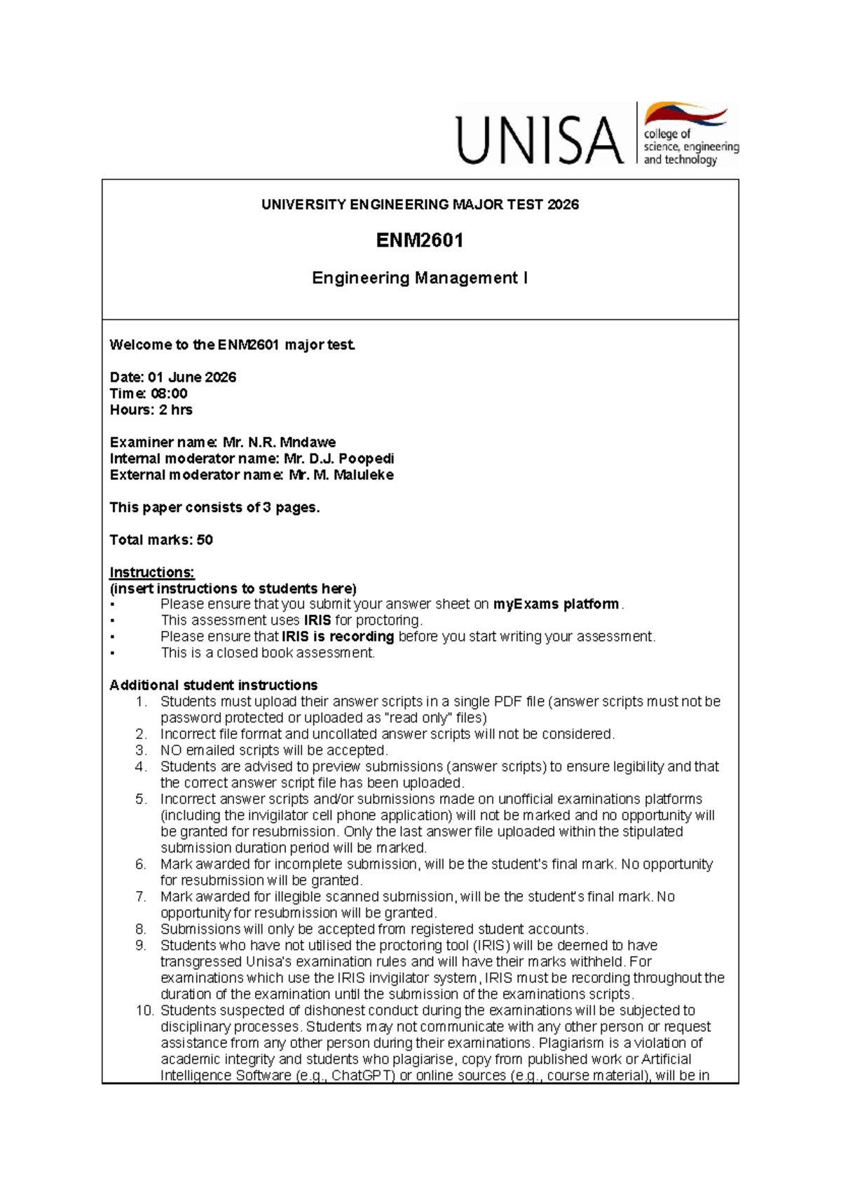 ENM2601 Engineering Management I Major Test Instructions 2026 - Studocu