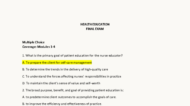 HEALTH EDUCATION FINAL EXAM Review: Key Concepts & Questions - Studocu