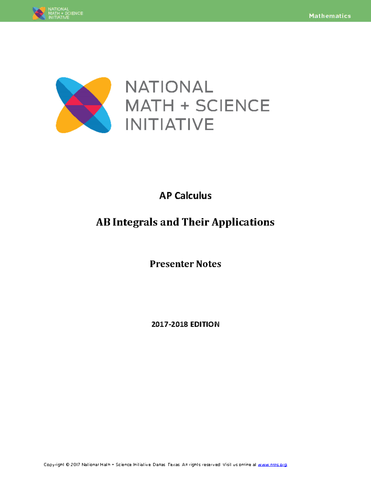 AP Calculus AB: Integrals & Applications Presenter Notes 2017-2018 ...