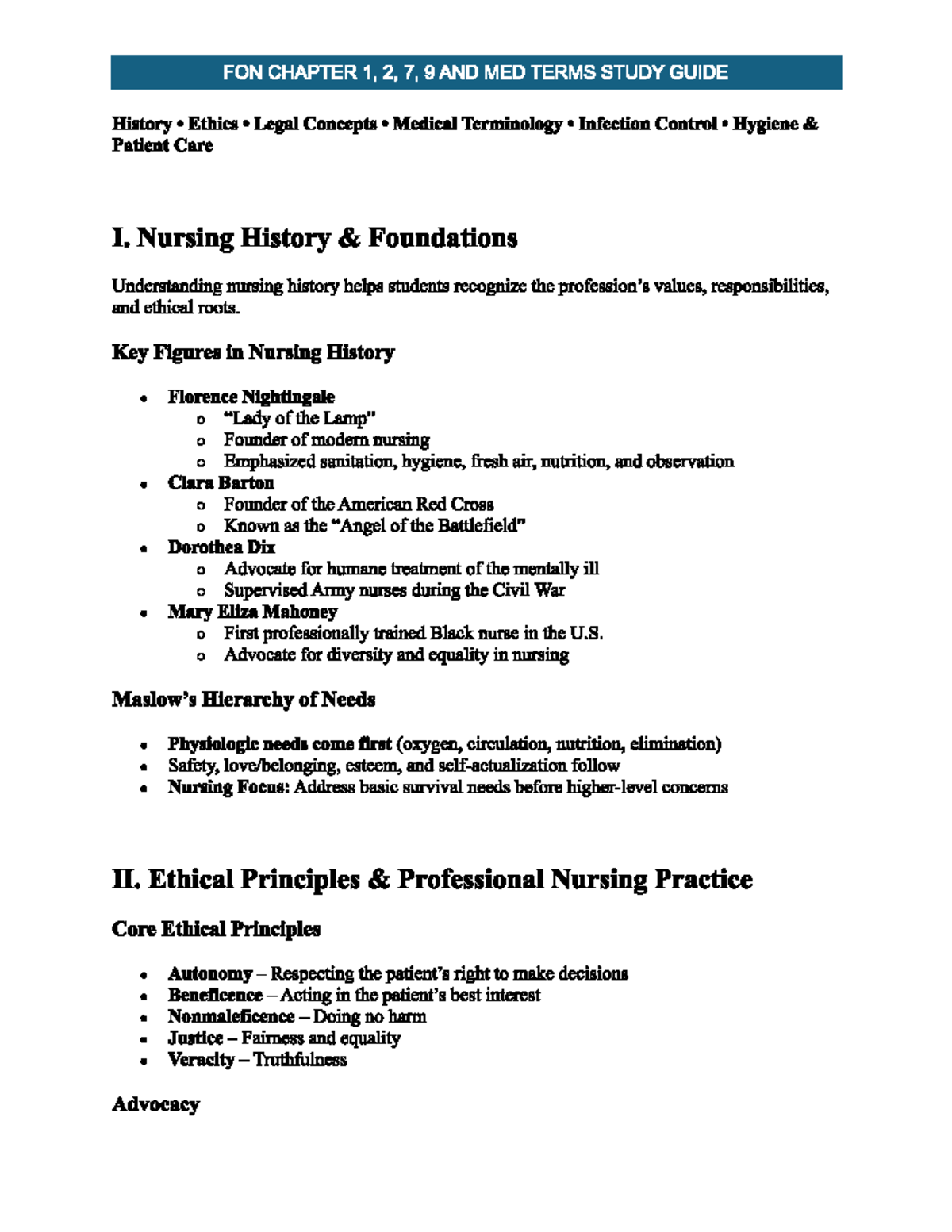 FON Study Guide: Chapters 1, 2, 7, 9 & Medical Terms Review - Studocu