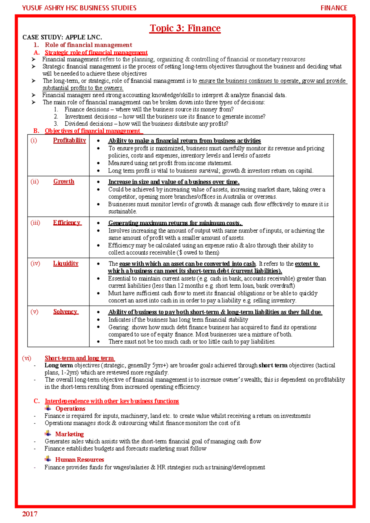 Finance notes (completed) - Topic 3: Finance CASE STUDY: APPLE LNC. 1 ...