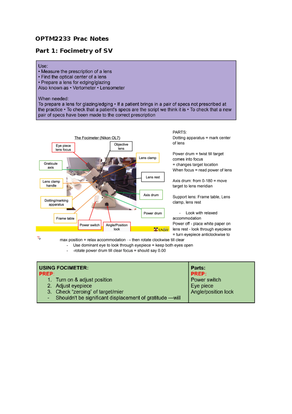 OPTM2233 Midterm Practical Notes on Focimetry and Measurements - Studocu