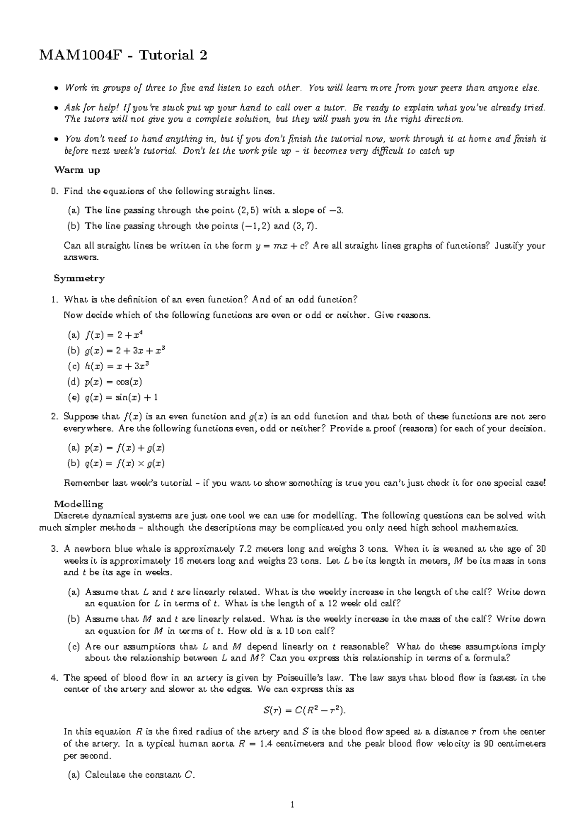 MAM1004F - Tutorial 2: Functions and Dynamical Systems - Studocu