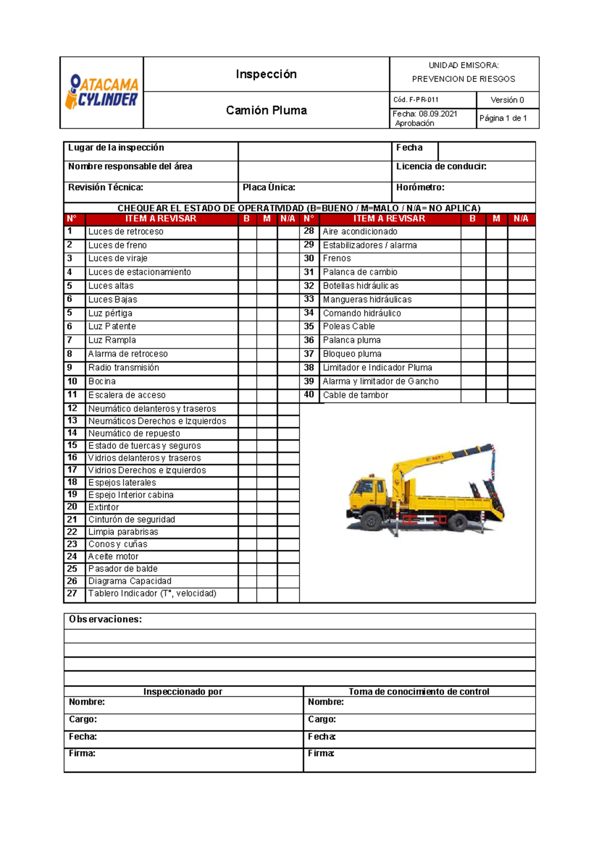 F-PR-011 Registro DE Inspeccion Camion Pluma - Inspección UNIDAD ...