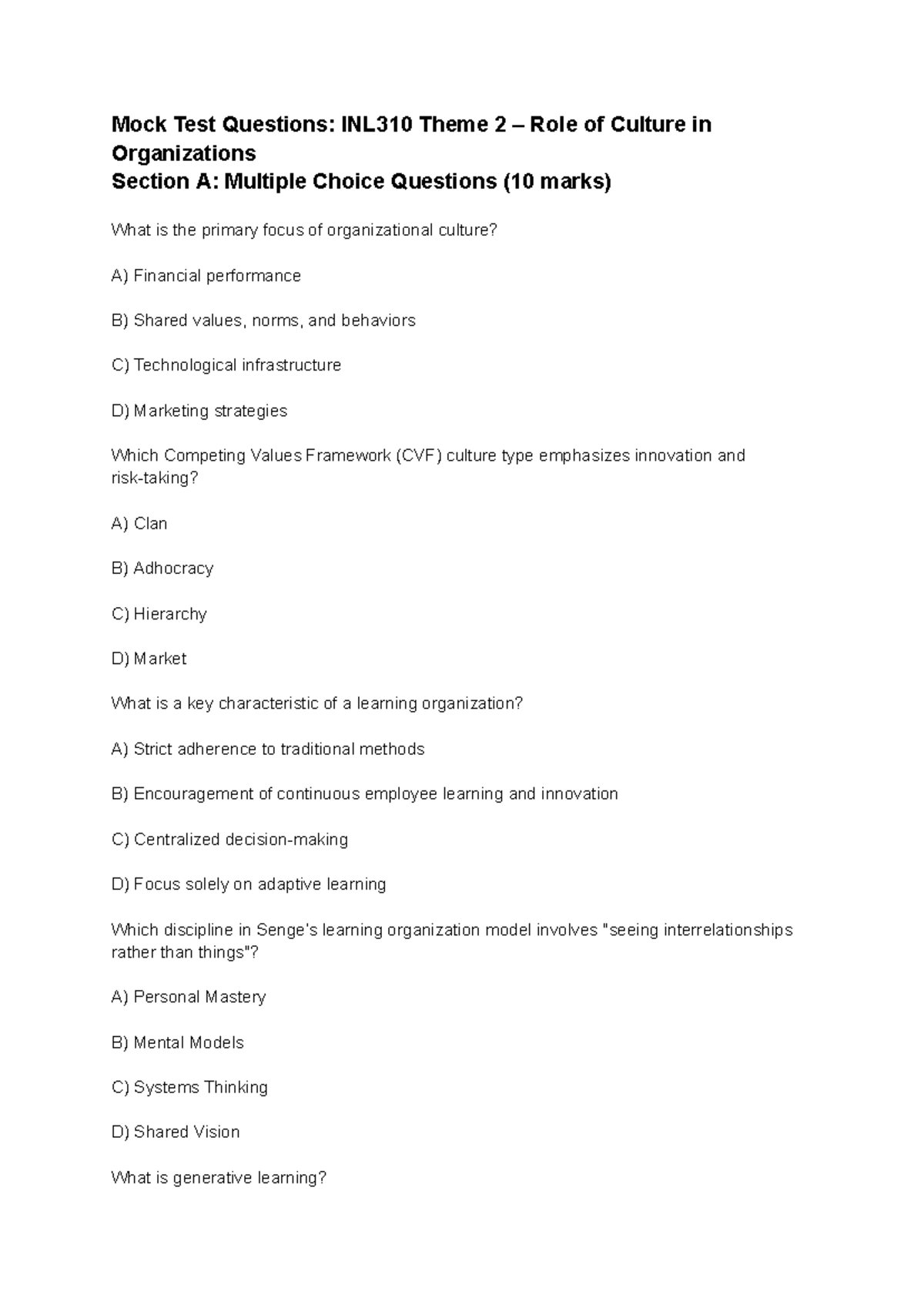 Mock Test Questions: INL310 Theme 2 - Culture in Organizations - Studocu