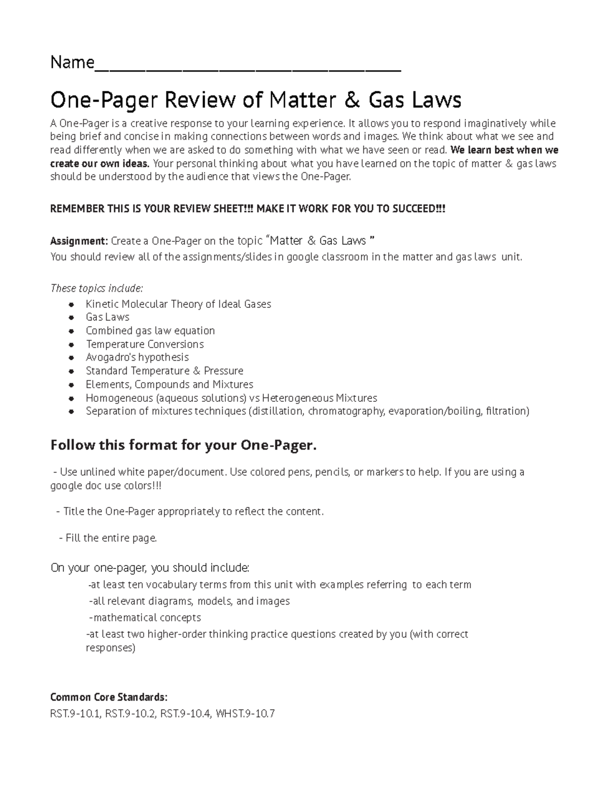 One-Pager Review: Matter & Gas Laws Concepts (Subject Code) - Studocu