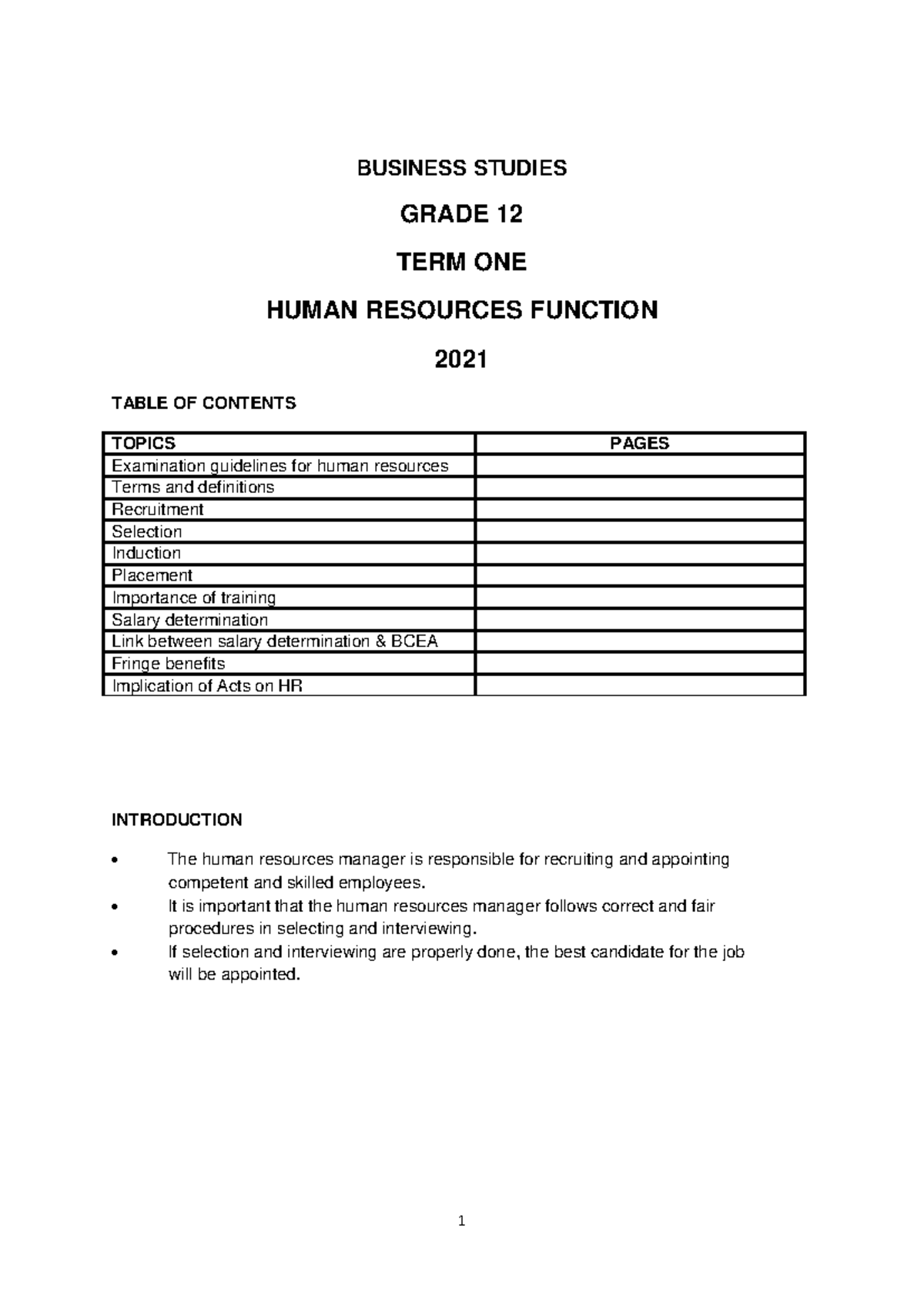 Human Resources Functions - Business Studies G12 Notes (2021) - Studocu