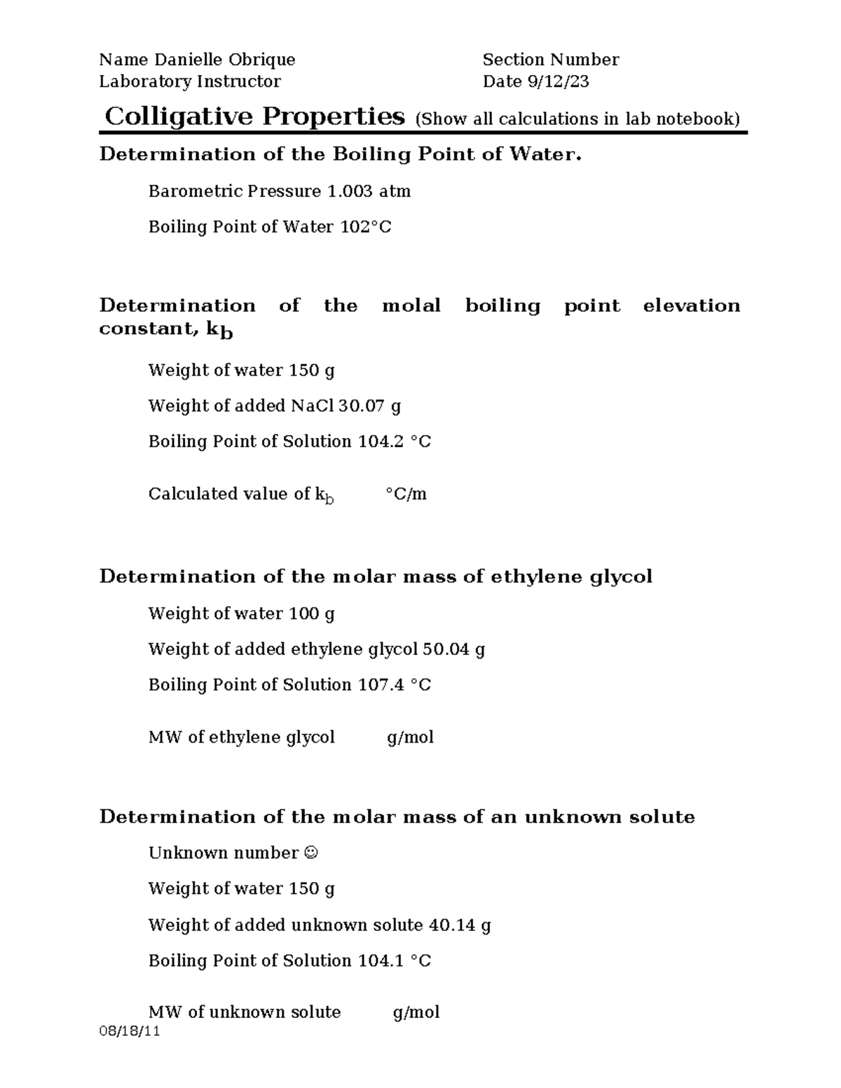 03 - Colligative Properties Lab Report: Boiling Point Determination ...