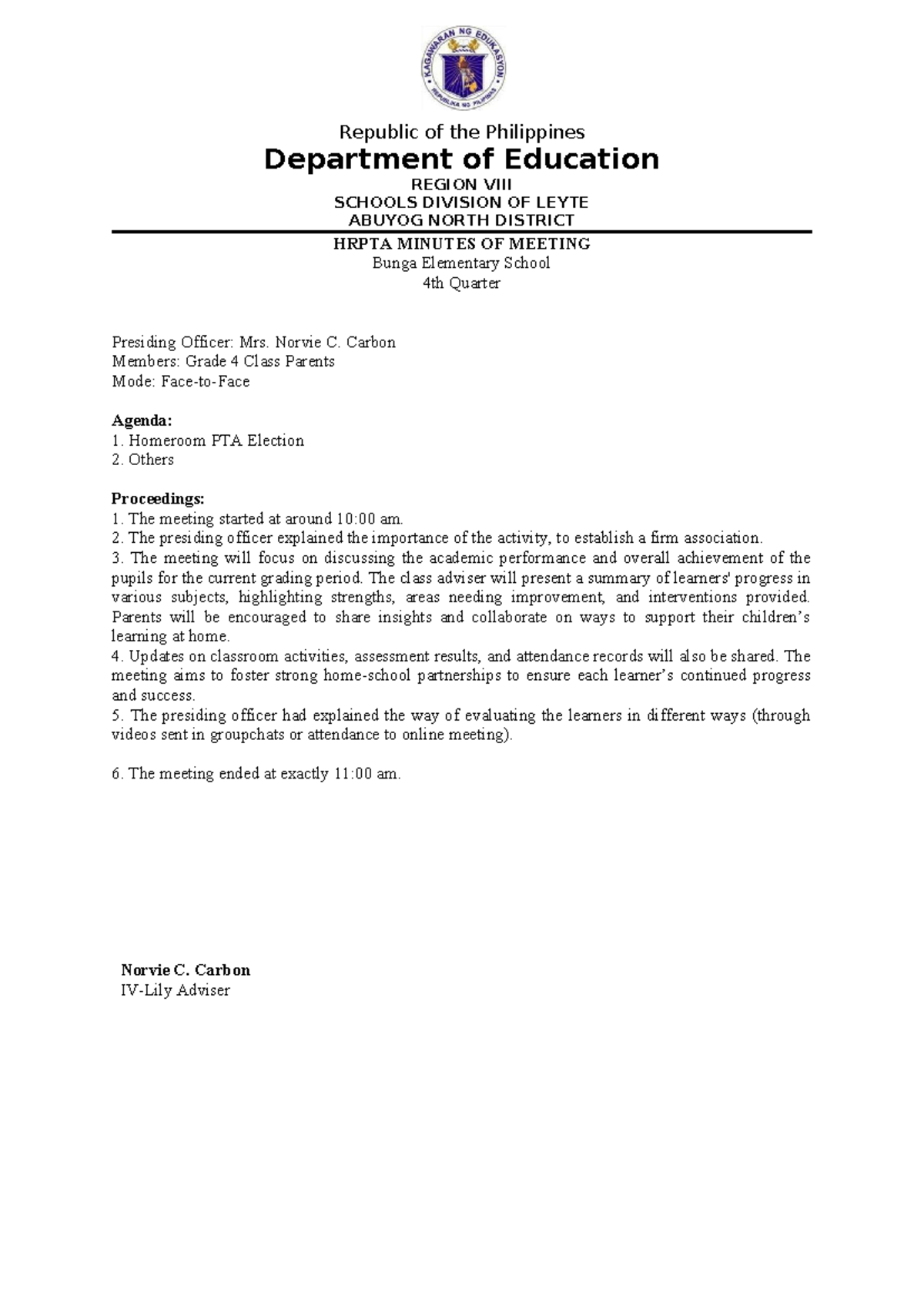 HRPTA Meeting Minutes - Bunga Elementary School 4th Quarter - Studocu