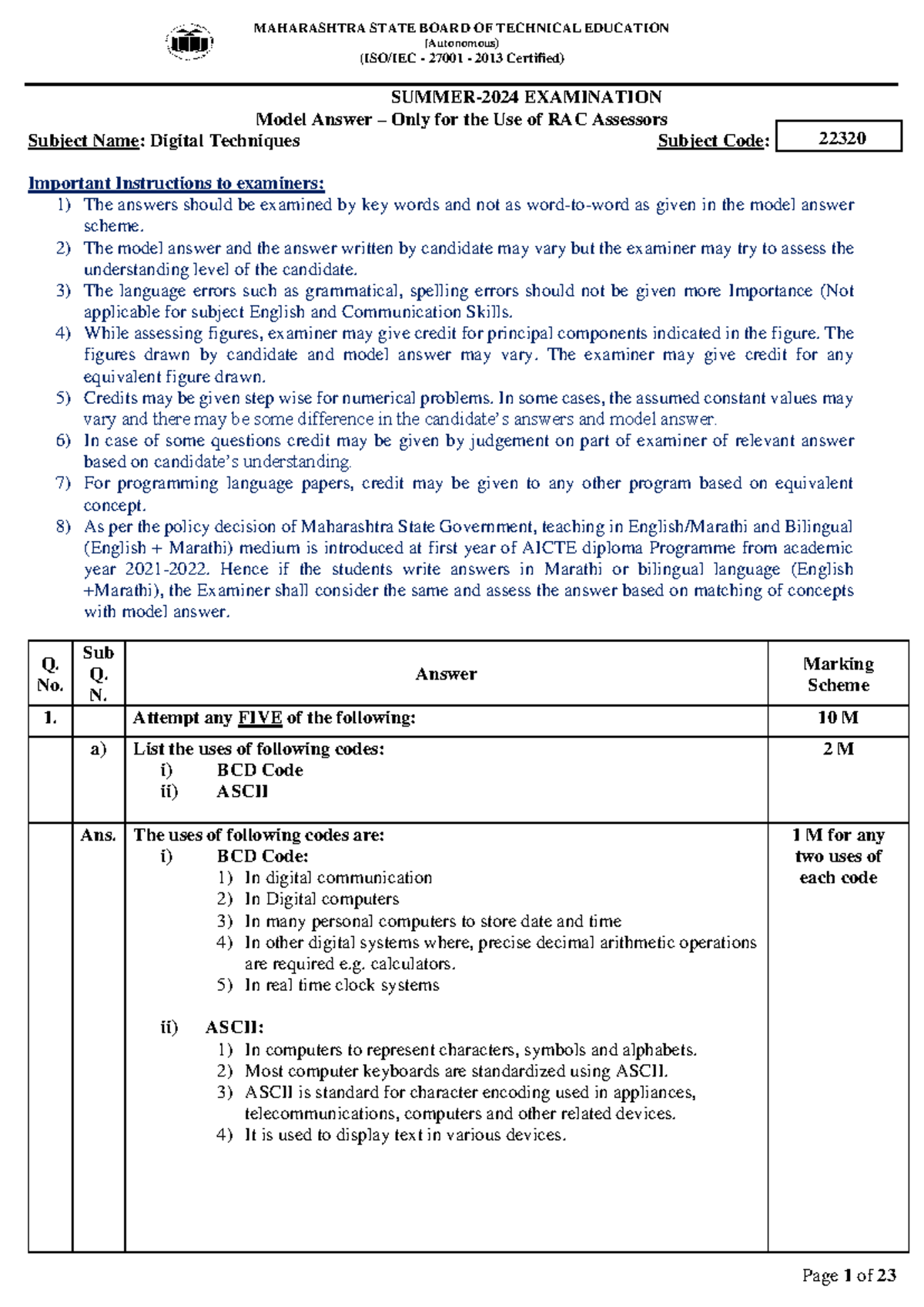 DTE 22320 - Model Answer for Digital Techniques Exam (Summer 2024 ...