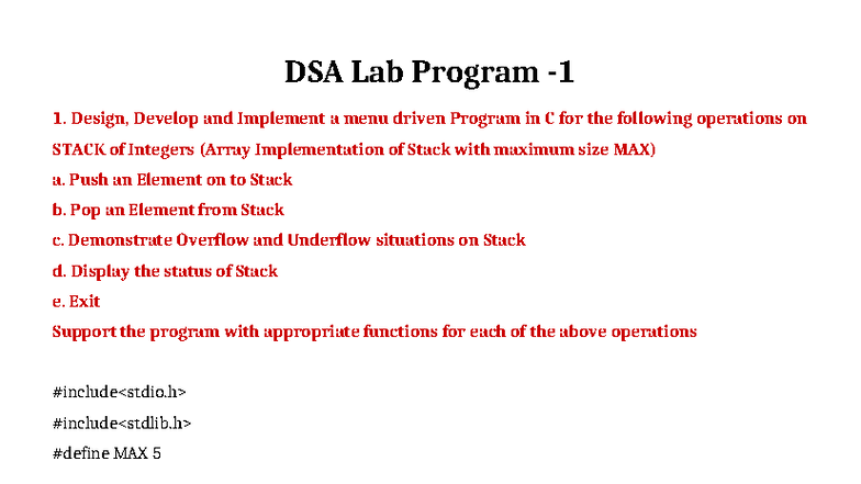 DSA LAB PRG 1: Menu-Driven Stack Operations in C - Studocu