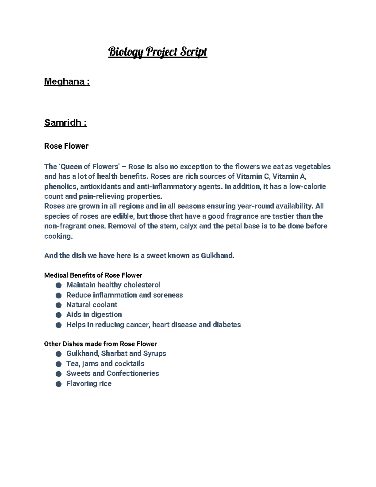 Biology Project Script - Biology Project Script Meghana : Samridh ...