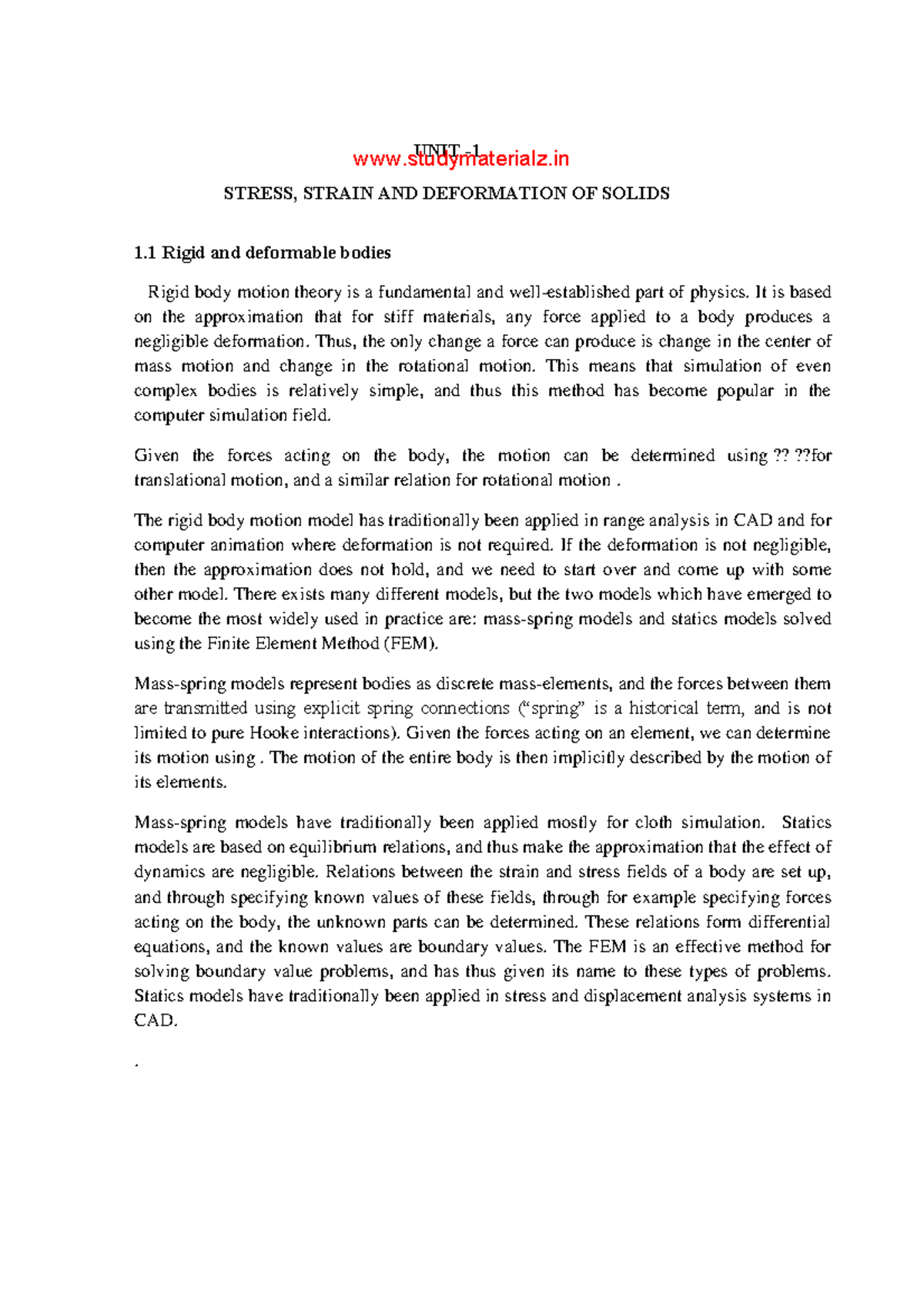 CE8301 Strength of Materials I notes 1 - UNIT - STRESS, STRAIN AND ...