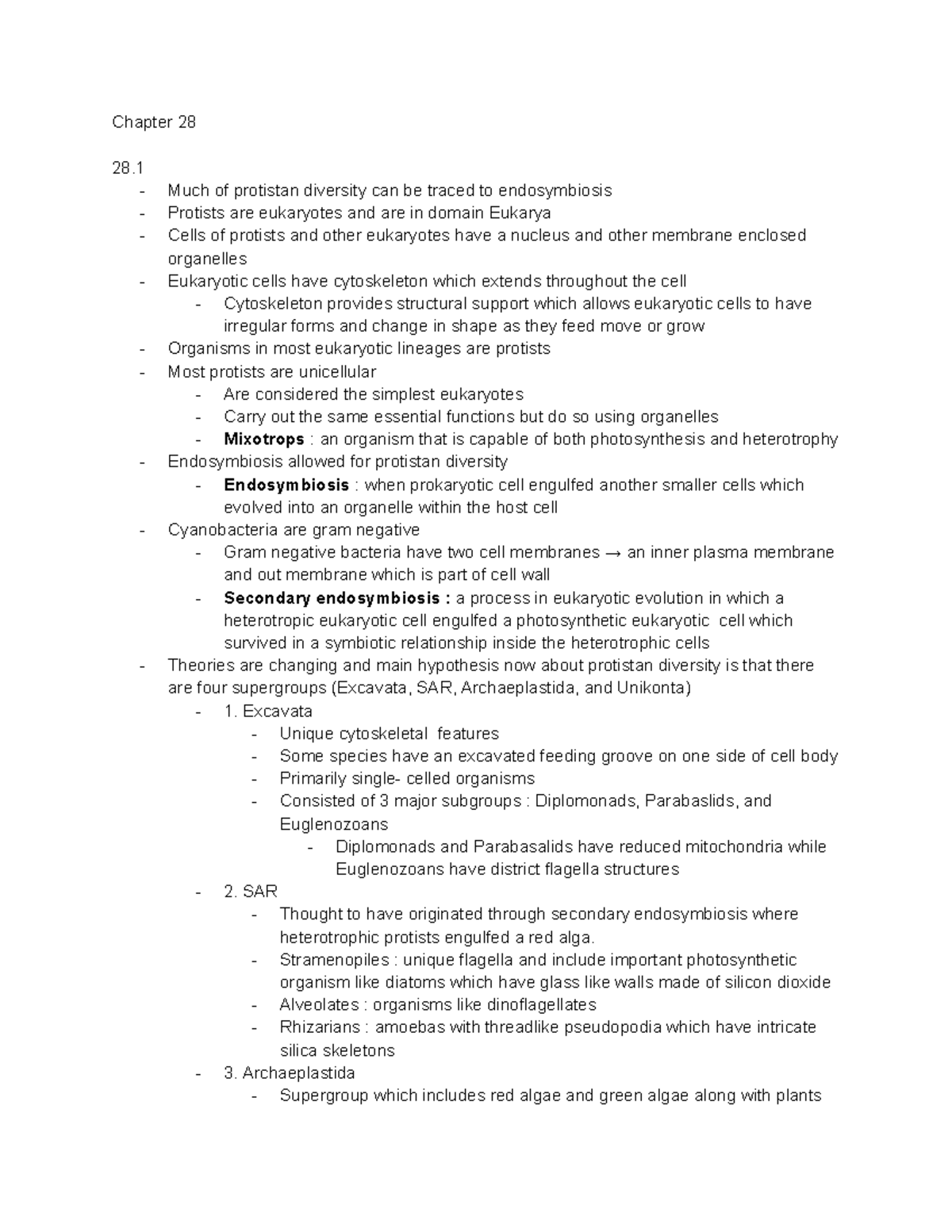 Chapter 28 AP Bio Notes: Protistan Diversity & Endosymbiosis - Studocu