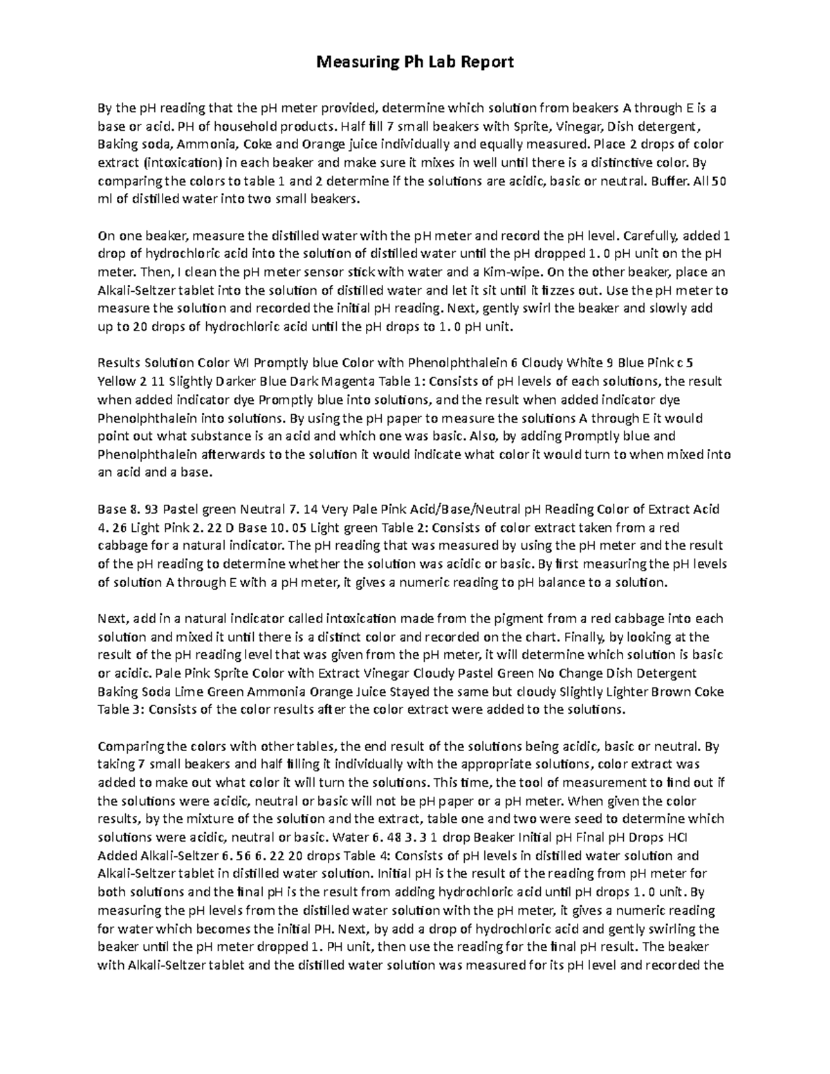 Lab: PH Measurement Report on Acidic and Basic Solutions - Studocu