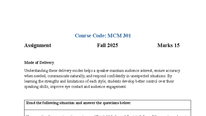 Fall 2025 MCM 301 Assignment 1: Understanding Delivery Modes - Studocu