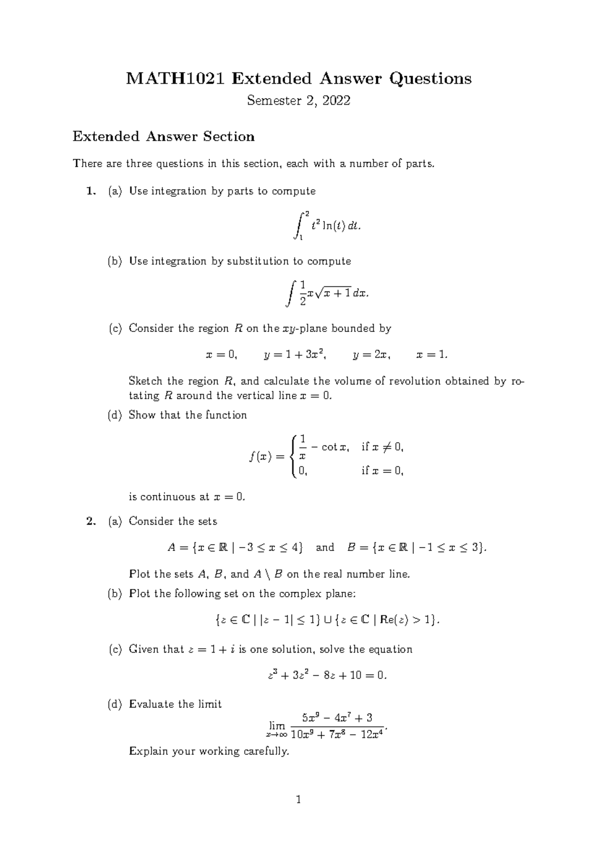 MATH1021 S2 2022 Extended Answer Questions and Solutions - Studocu