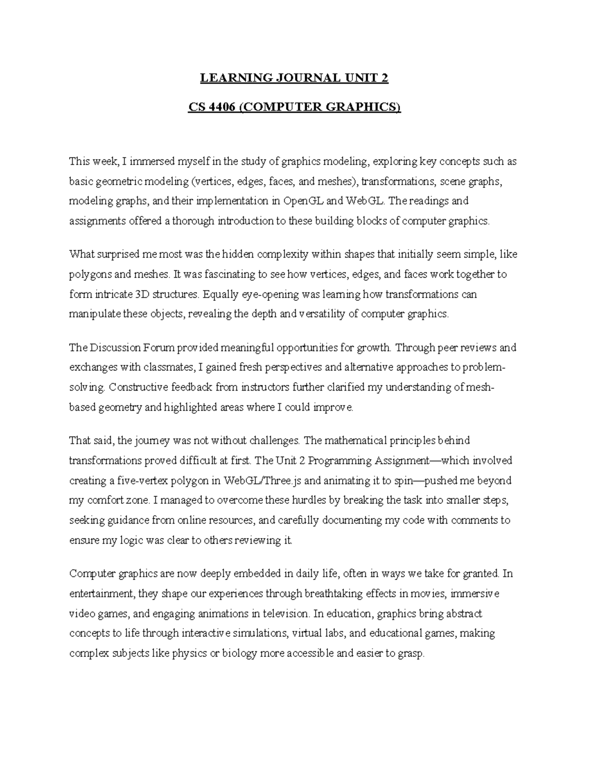 Learning Journal Unit 2: Insights on Computer Graphics (CS 4406) - Studocu