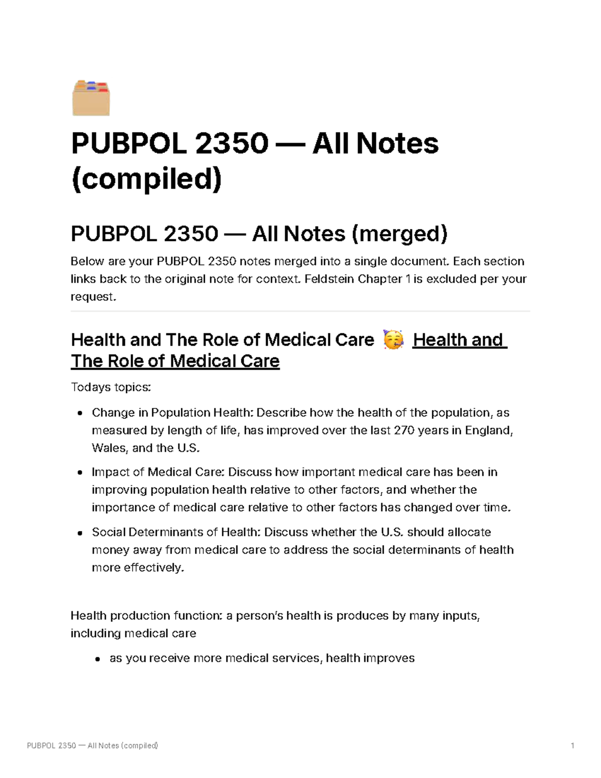 PUBPOL 2350 Comprehensive Class Notes on Health and Medical Care - Studocu