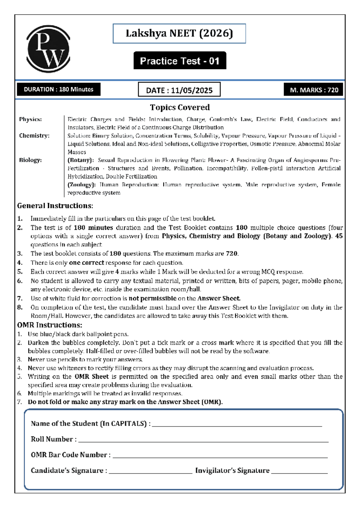 Practice Test 01 for Lakshya NEET (2026) - Comprehensive Review - Studocu