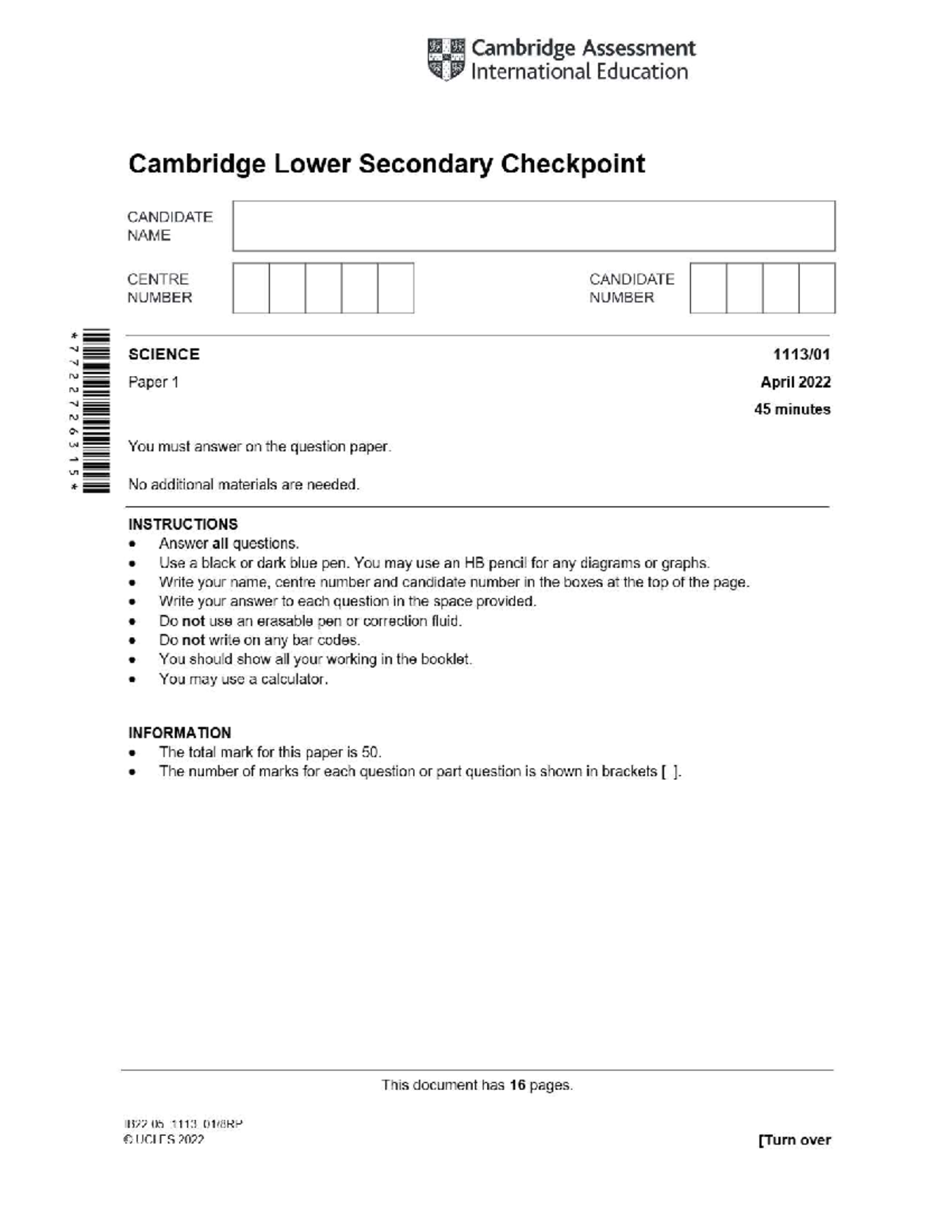 Cambridge Lower Secondary Science Checkpoint Past Papers April 2022 ...