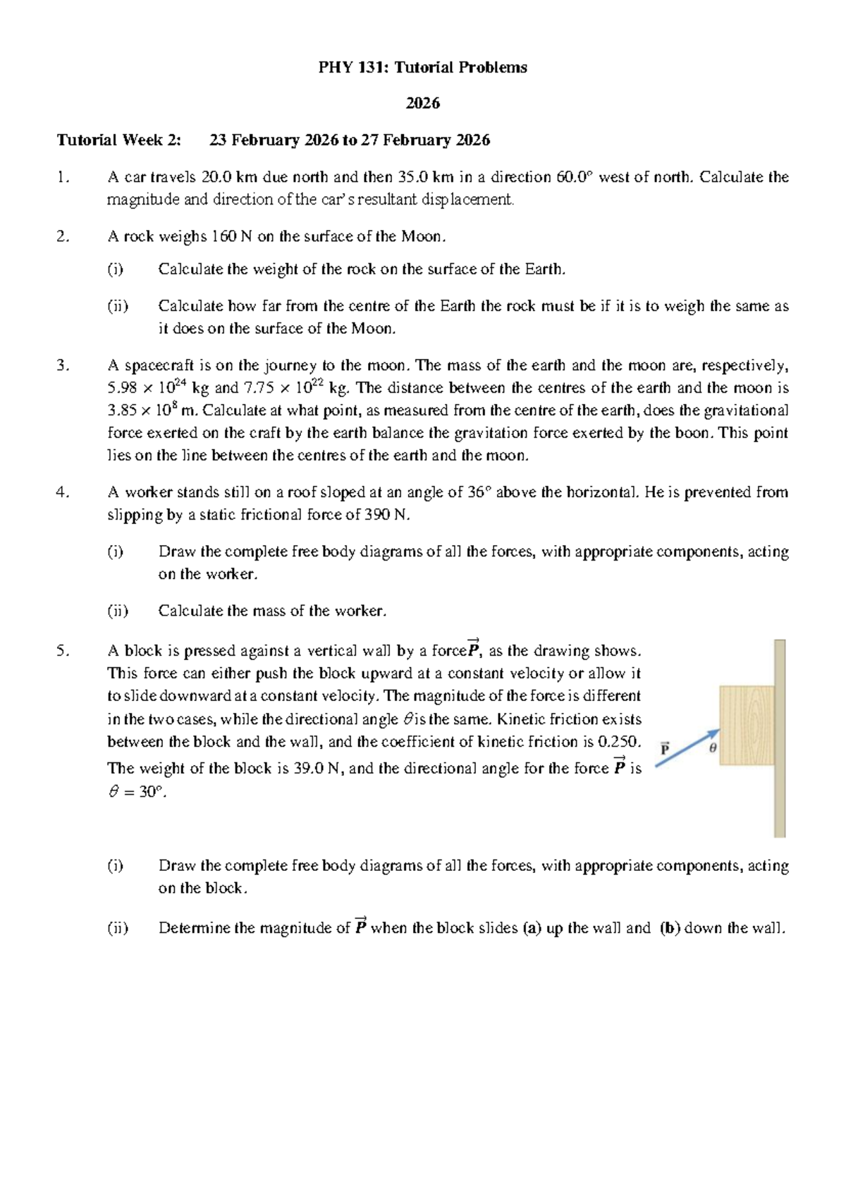 PHY 131: Tutorial Problems for Week 2 (23-27 Feb 2026) - Studocu