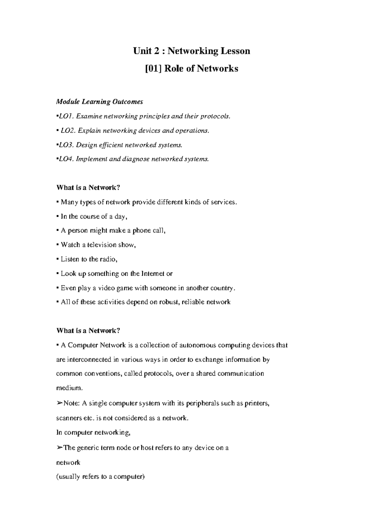 Unit 2 - Networking Notes: Exploring the Roles and Protocols - Studocu