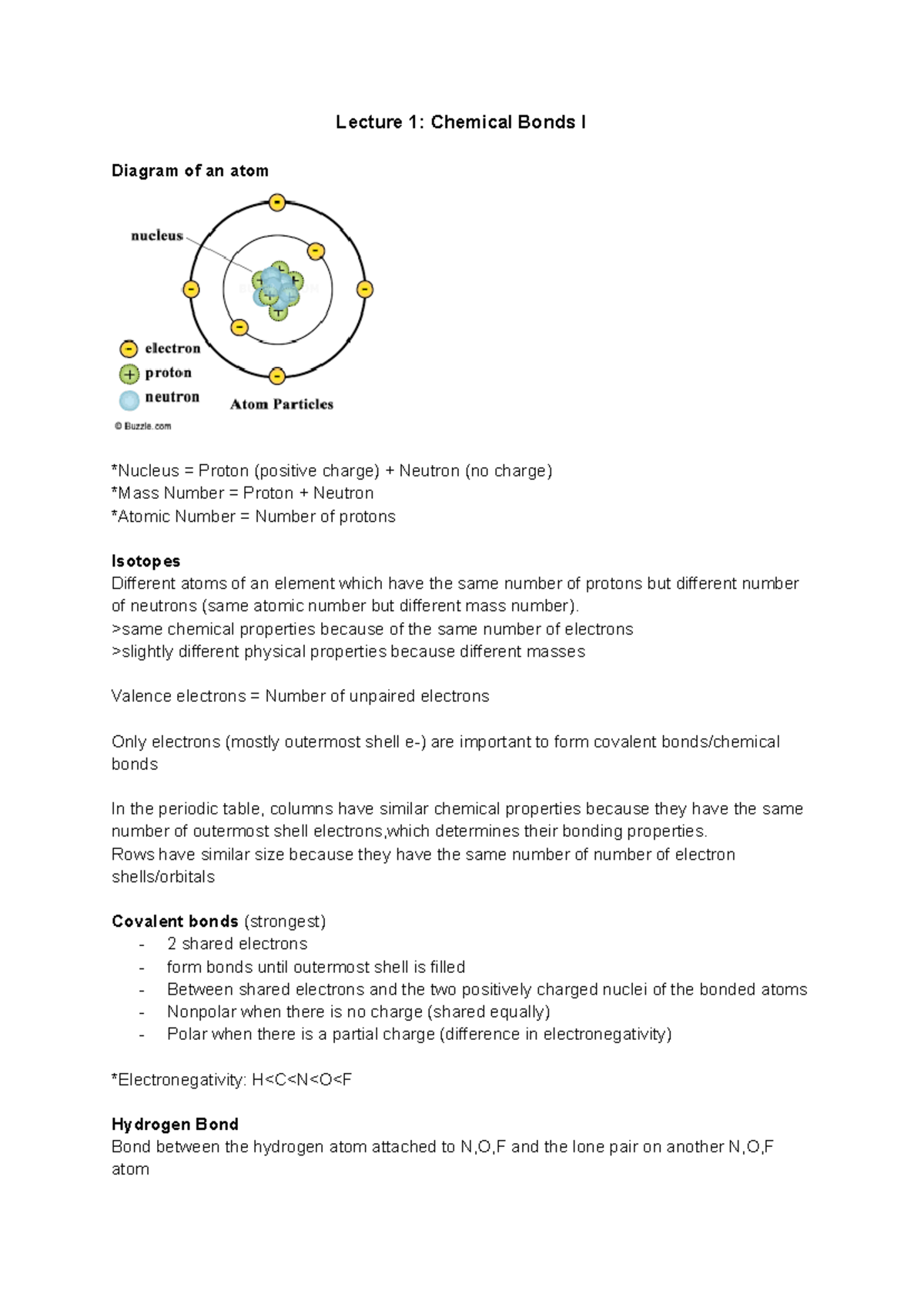 BIOL 112 - Biology - Lecture 1: Chemical Bonds I Diagram of an atom ...