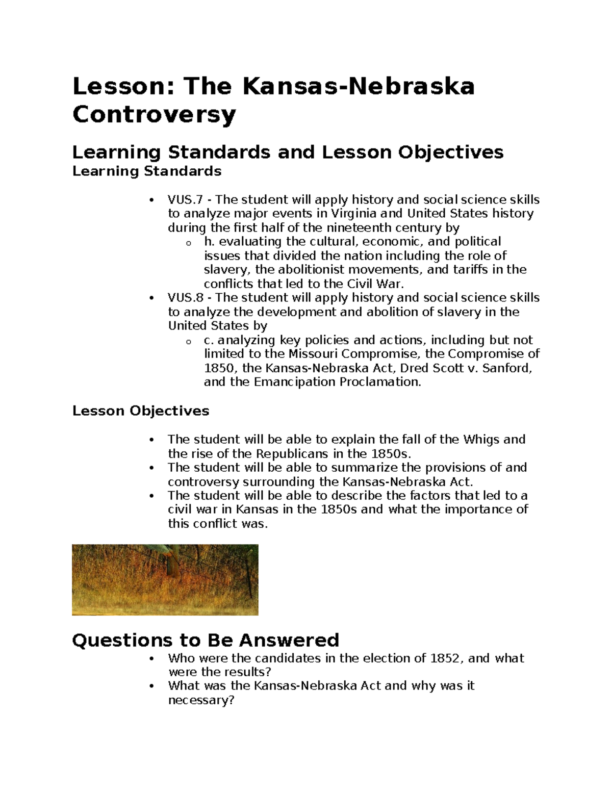 Lesson: The Kansas-Nebraska Act and Political Turmoil VUS.7 & VUS.8 ...
