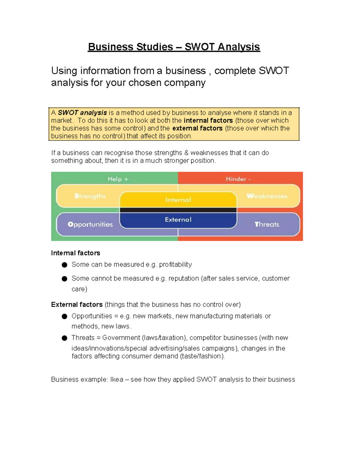 Business Studies SWOT Analysis: A Comprehensive Guide - Studocu