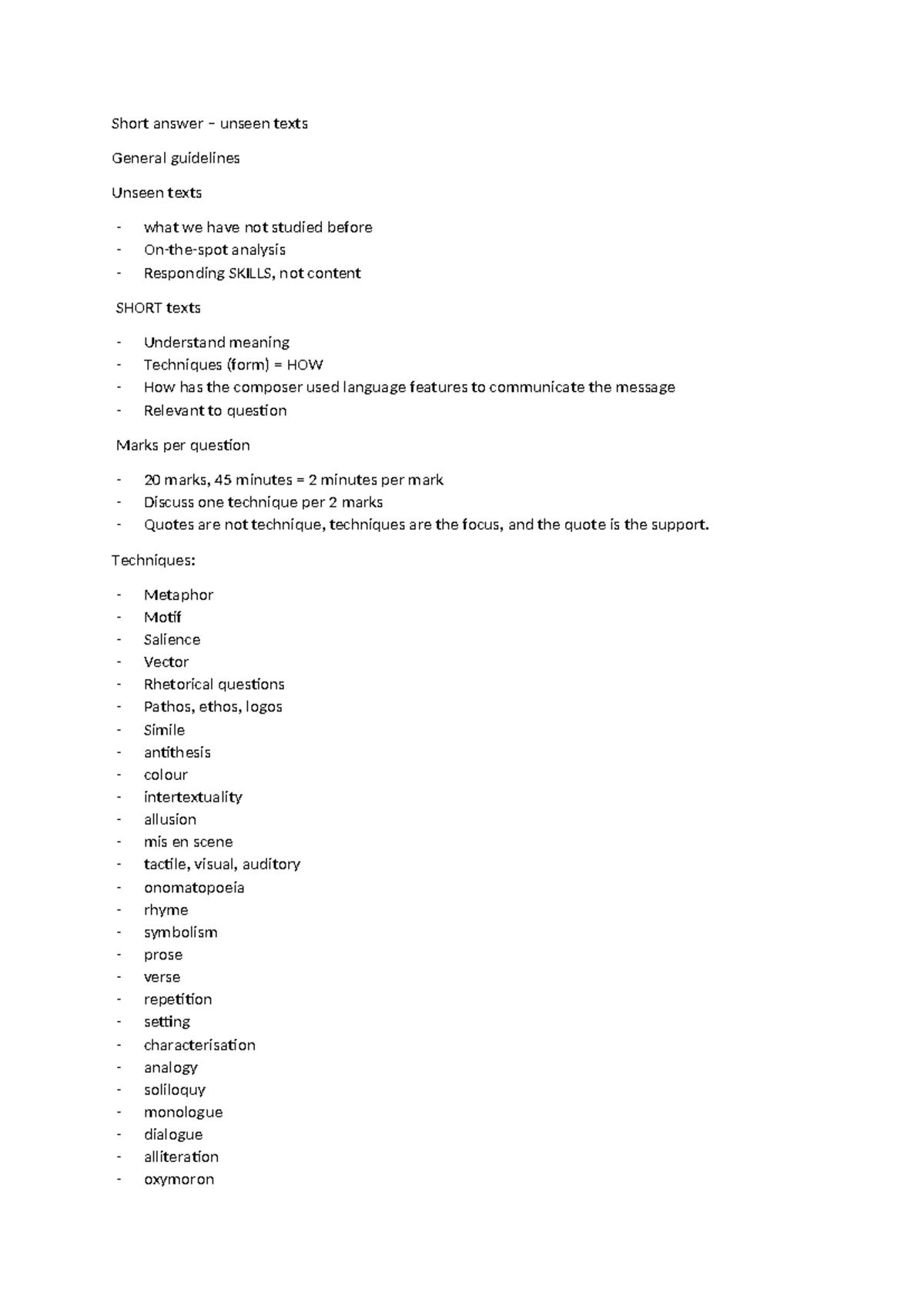 Short Answer Exam Guide for Unseen Texts Analysis - Studocu