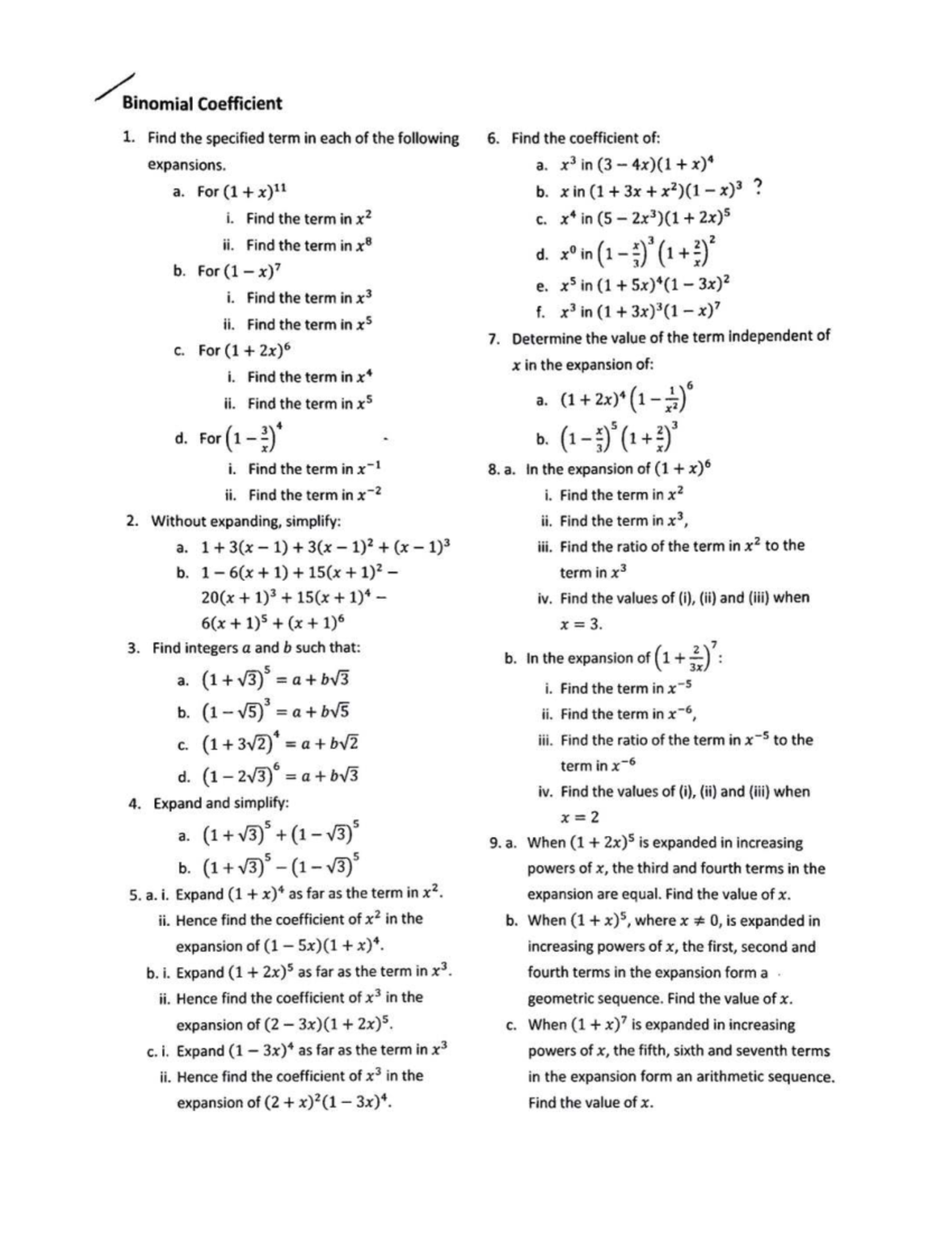 Binomial Coefficient WS: Finding Coefficients and Terms in Expansions ...
