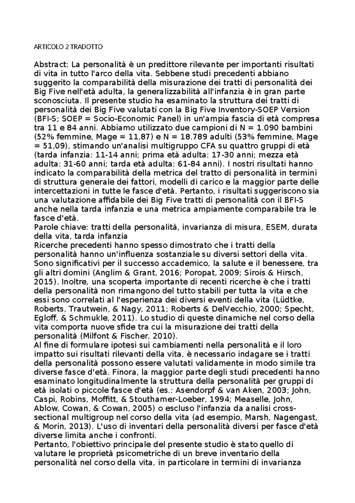 Struttura dei Big Five nella Personalità: Studio su Età 11-84 (ARTICOLO ...