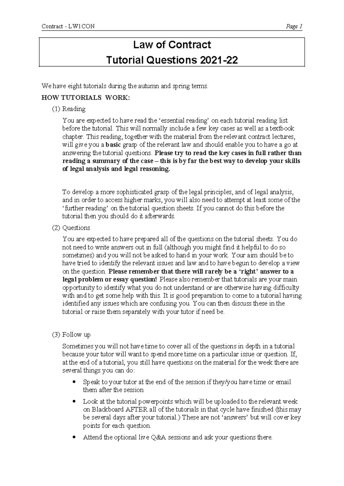 Contract Tutorials 2021-22 - Law of Contract Tutorial Questions 2021- We have eight tutorials ...