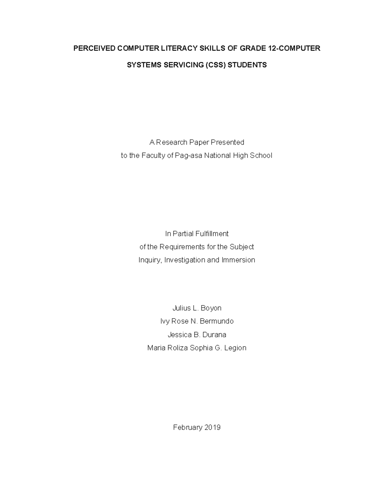 Perceived Computer Literacy Skills of Grade 12 CSS Students: Research ...