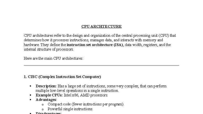 CPU Architecture Overview: CISC, RISC, VLIW, and More - Studocu