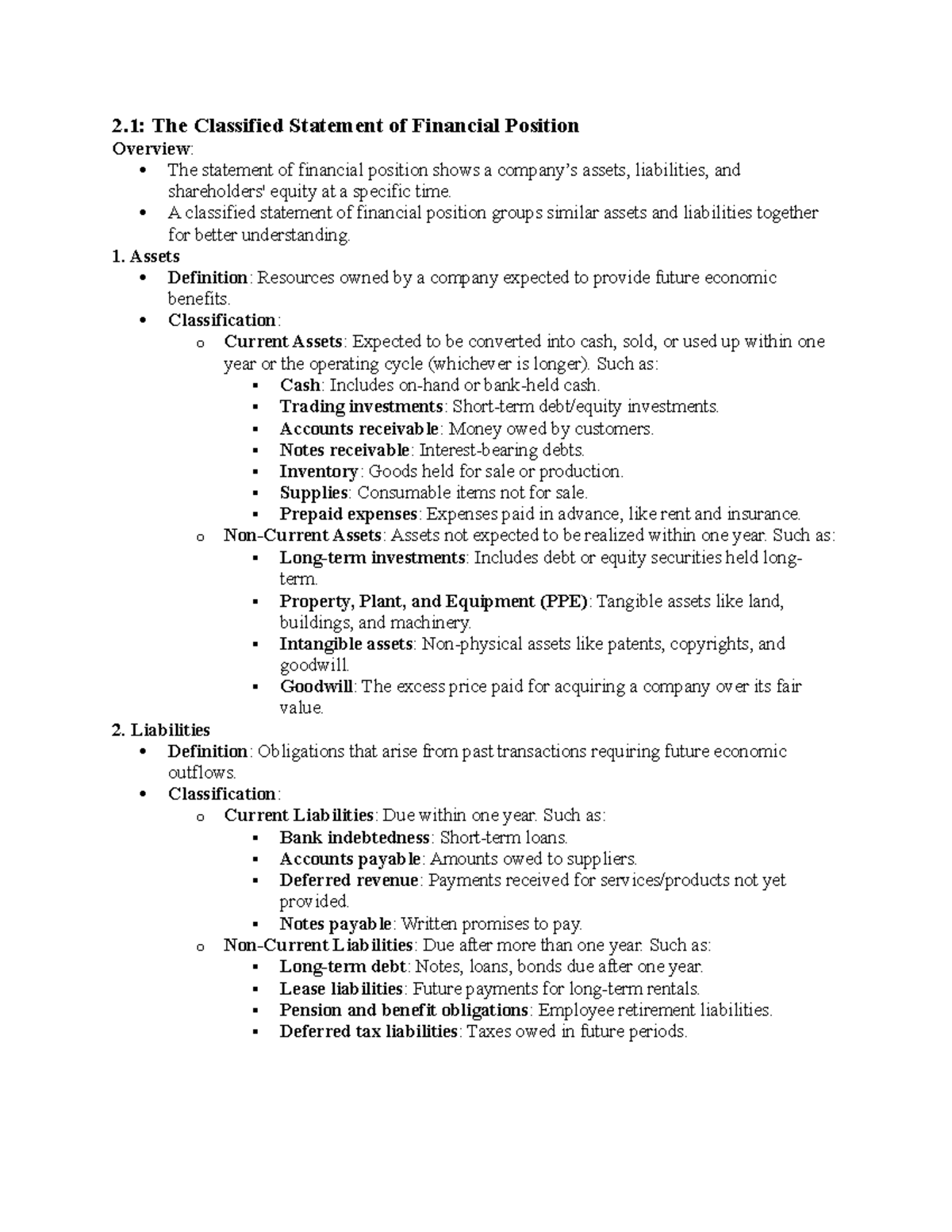 Chapter 2: Understanding the Classified Statement of Financial Position ...