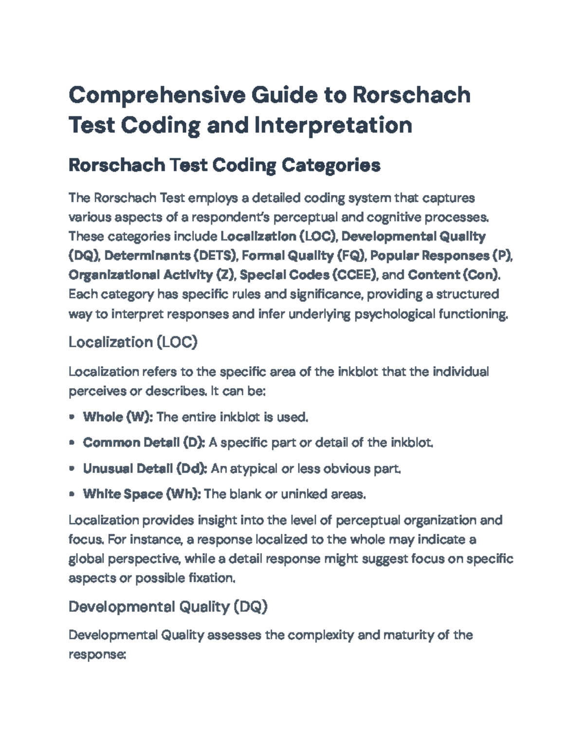 Rorschach Test Coding & Interpretation: A Comprehensive Guide - Studocu