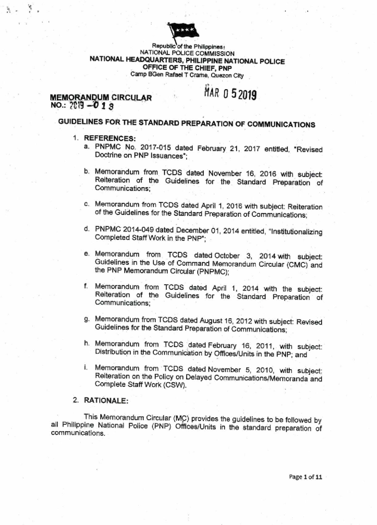 PNP MC No. 2019-013: Guidelines for Standard Communication Preparation ...