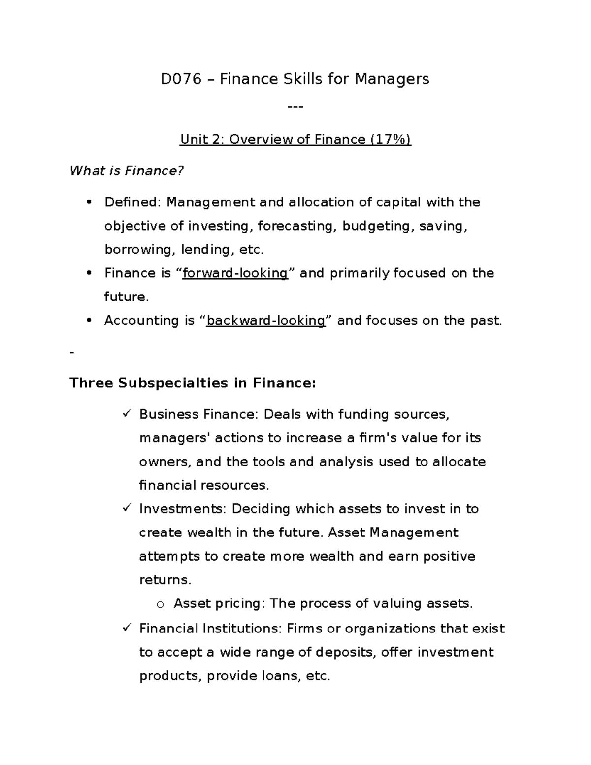 D076 - Study Notes - D076 – Finance Skills for Managers - Unit 2 ...