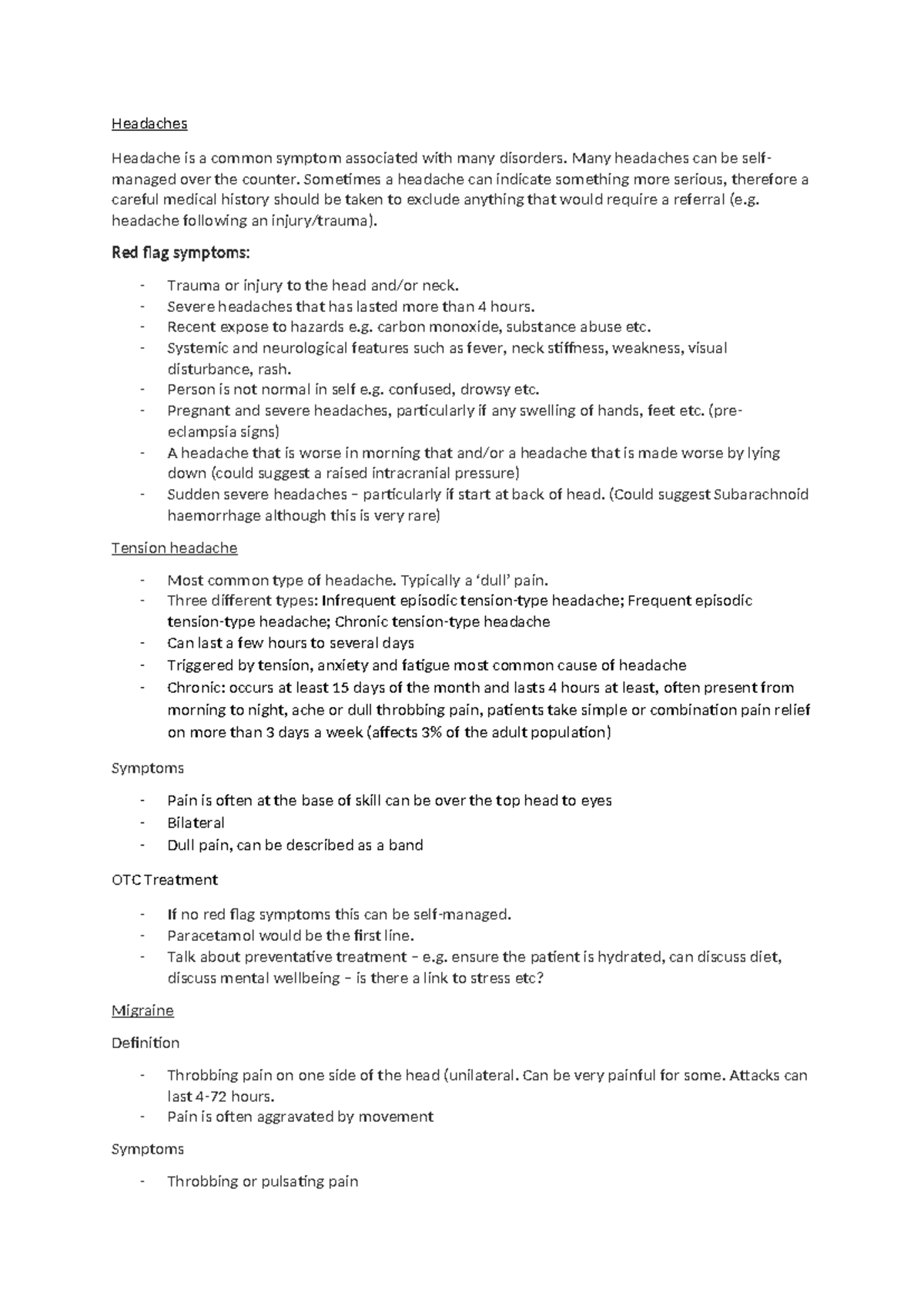 Headaches - Comprehensive Notes on Types and Treatments - Studocu