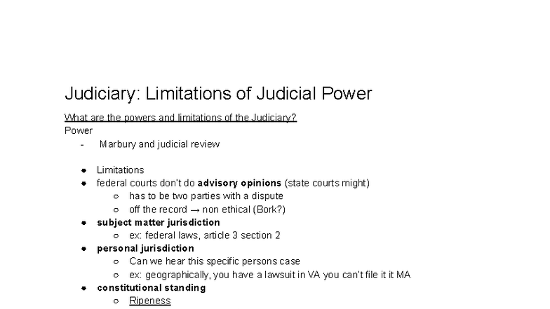 Judiciary 101: Limitations of Judicial Power and Key Cases - Studocu