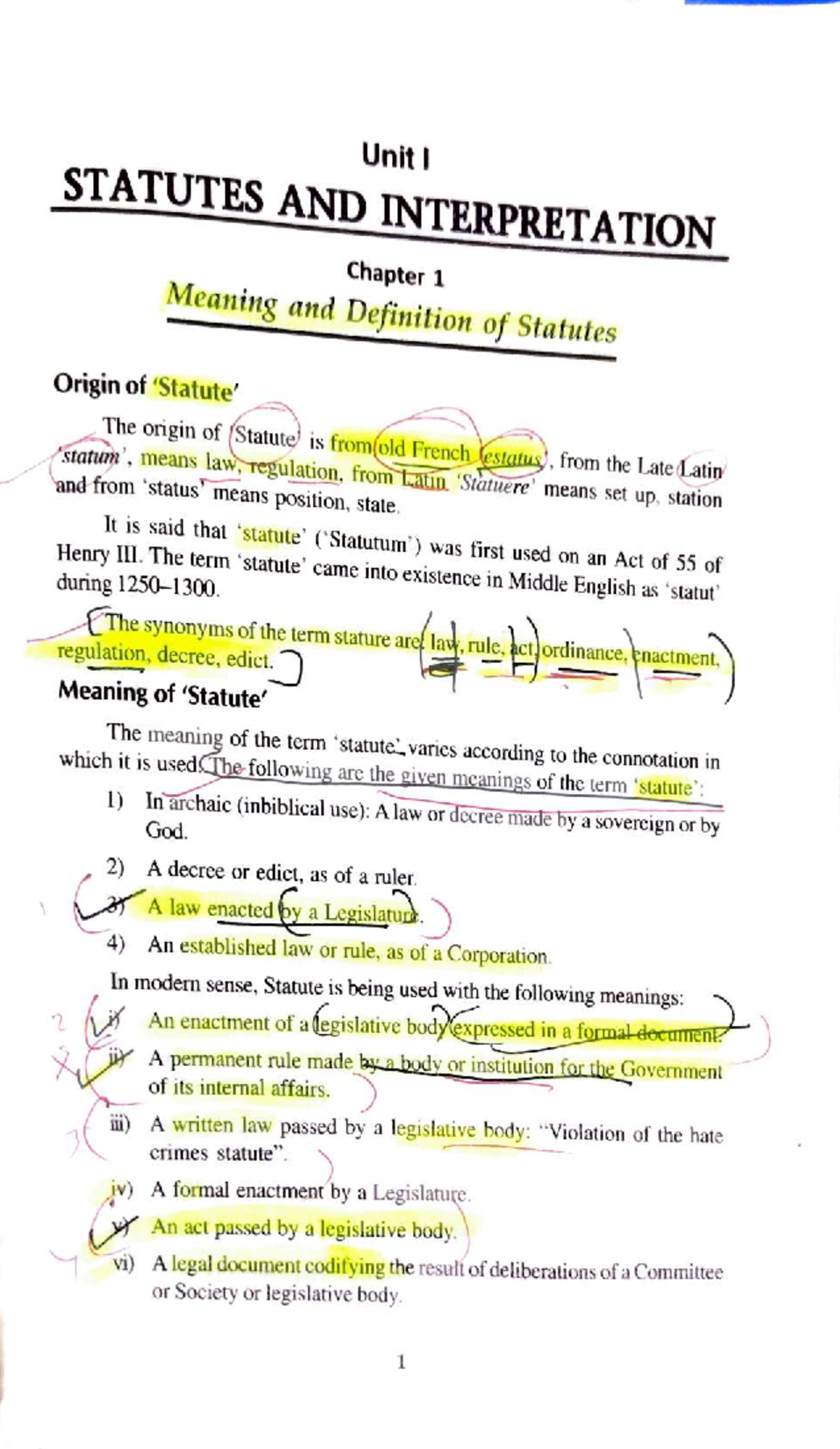 U4: Chapter 1 - Meaning and Definition of Statutes - Studocu