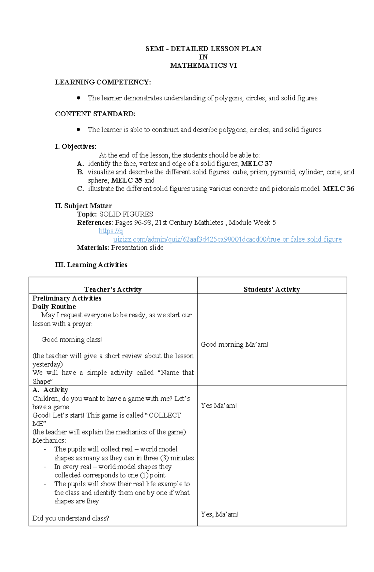 Solid Figures Lesson Plan for Mathematics VI (MATH 6) - Studocu