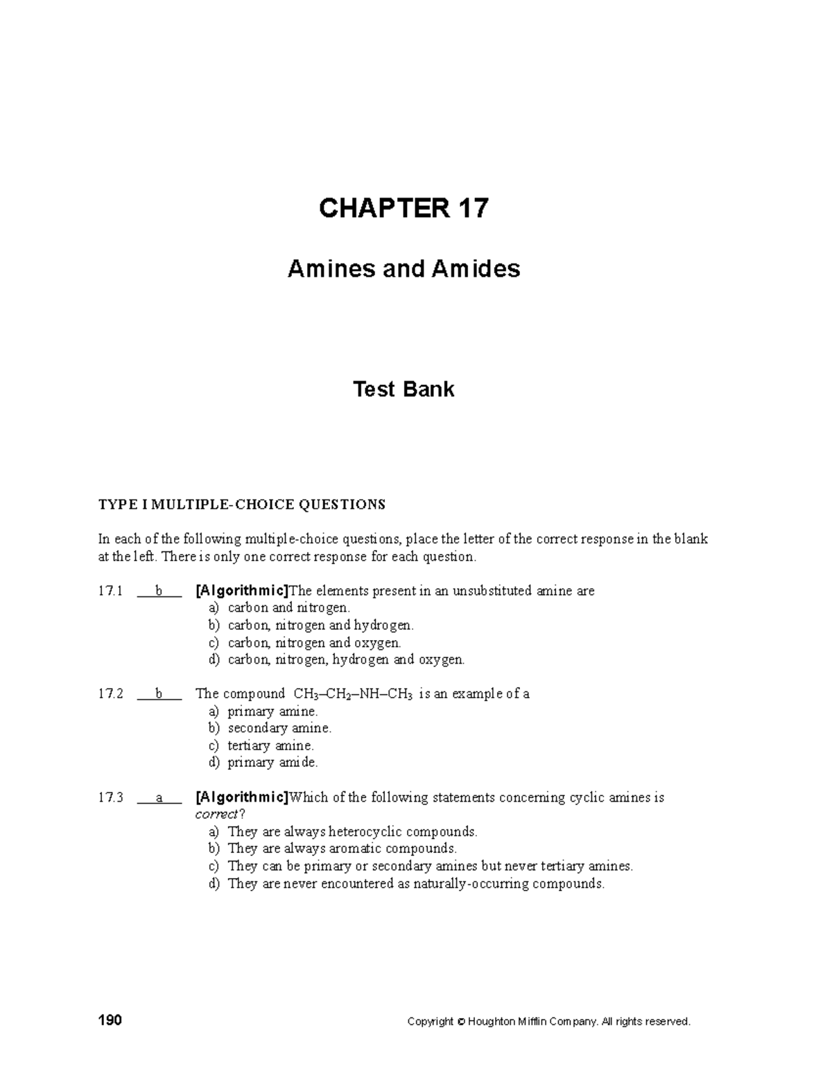 Amines & Amides Test Bank - CHAPTER 17 Amines and Amides Test Bank TYPE ...