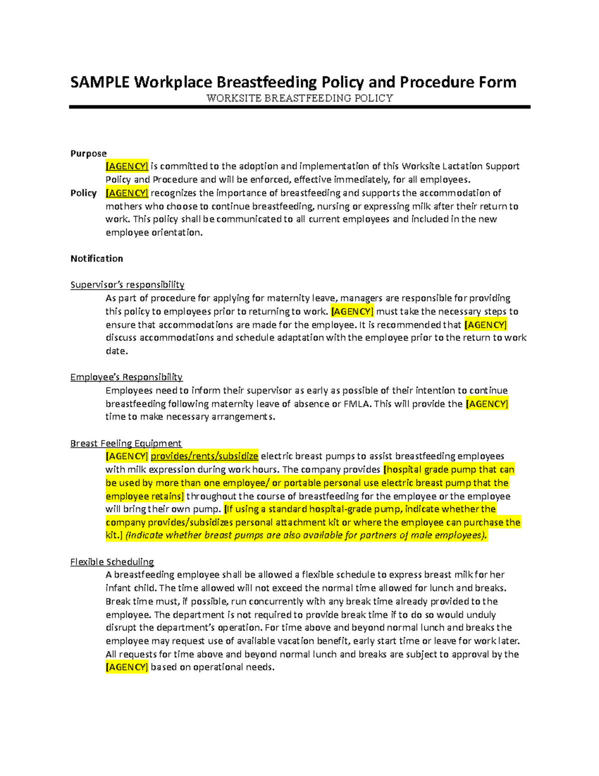 Sample Workplace Lactation Policy and Procedure Document - Studocu