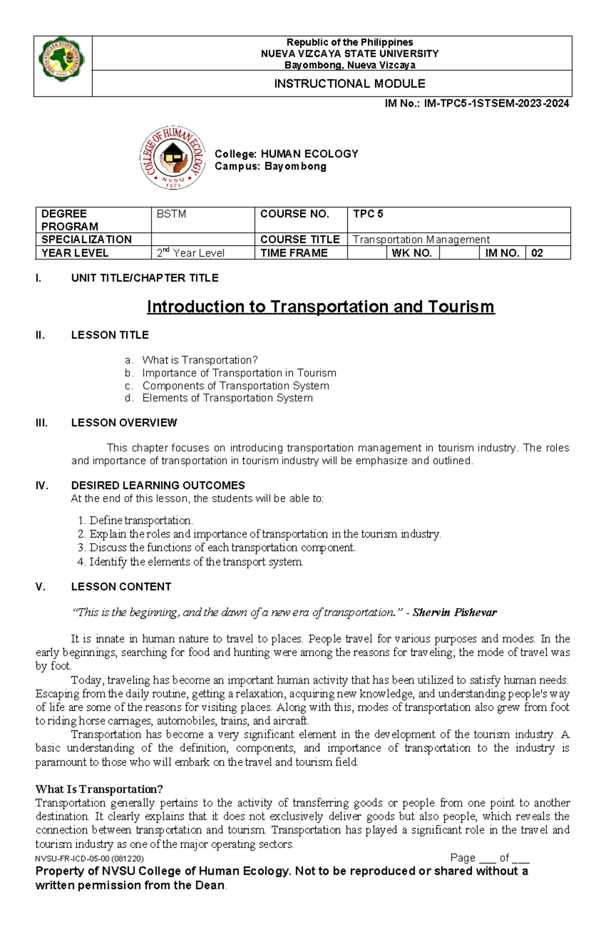 Chapter 1 - Introduction to Transportation in Tourism (TPC 5) - Studocu