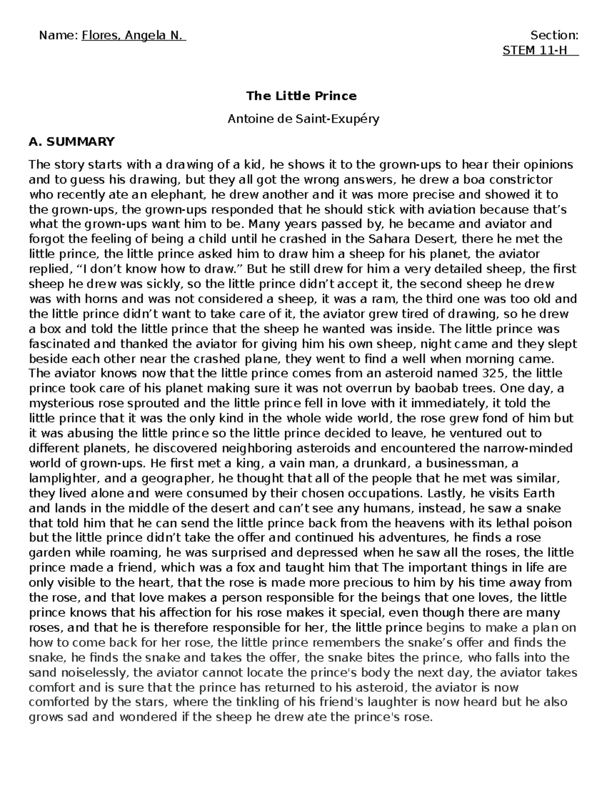 "STEM 11-H: Little Prince Book Review - Story Summary & Analysis" - Studocu